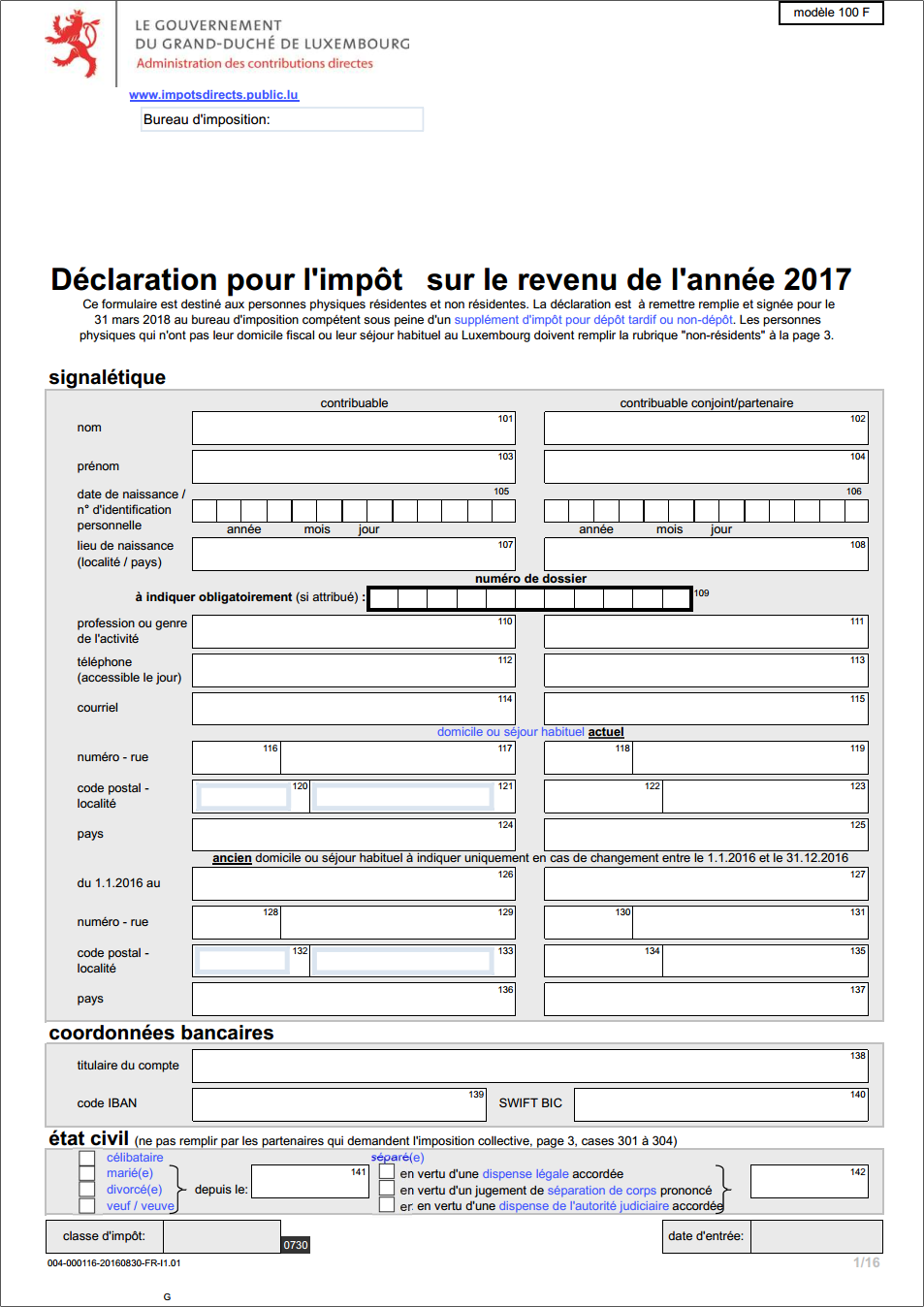 Assufisc-Declaration fiscale 2017 luxembourg - formulaire 100 - Assufisc